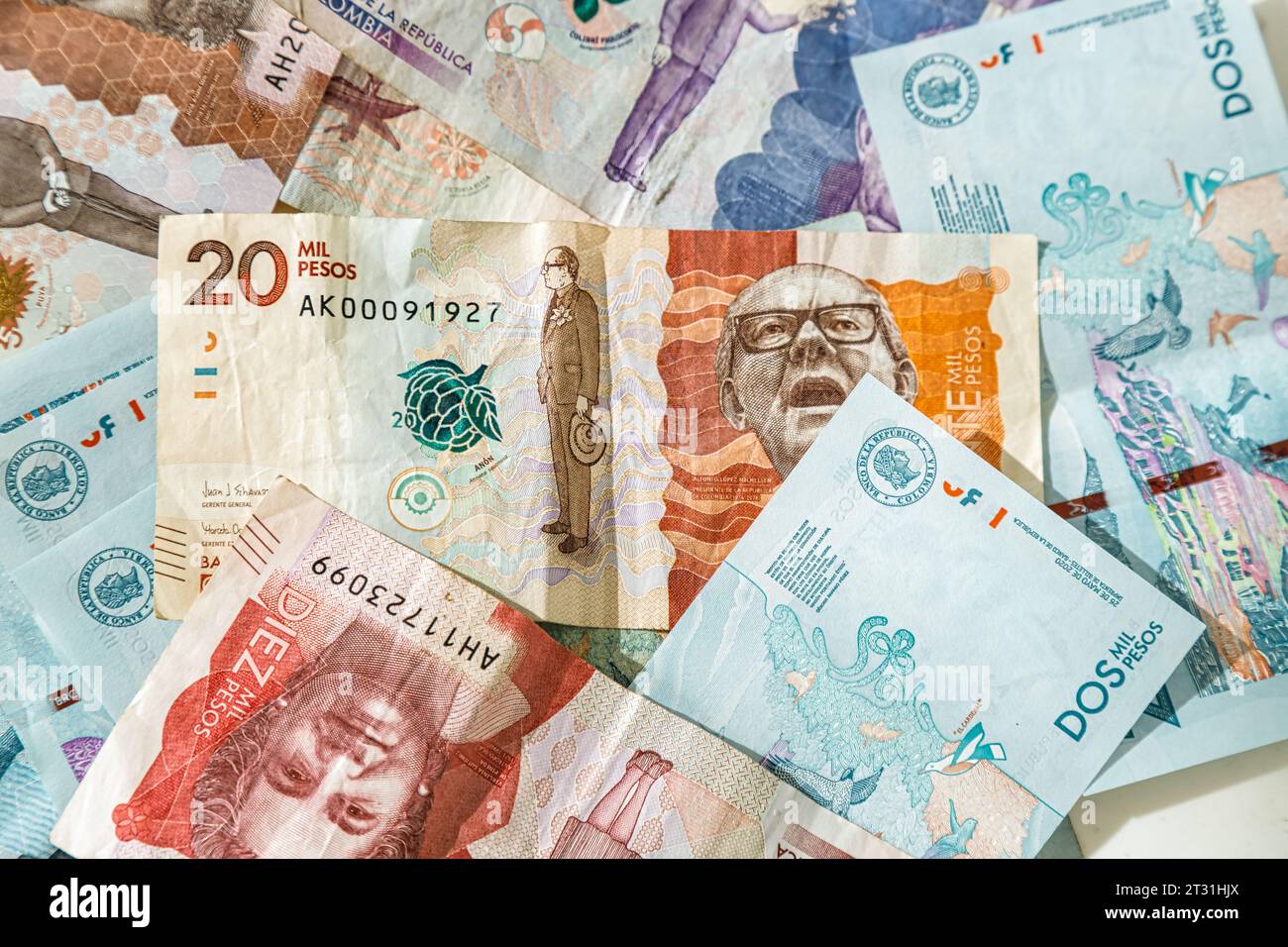 Macro closeup of Colombian peso bills of different denominations Stock ...