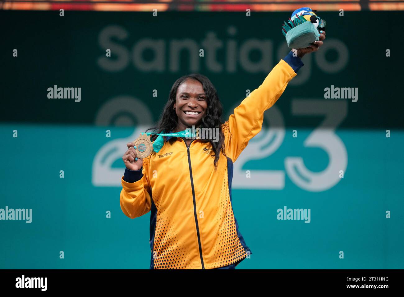 Colombia's Yenny Alvarez poses with her gold medal in the women's ...