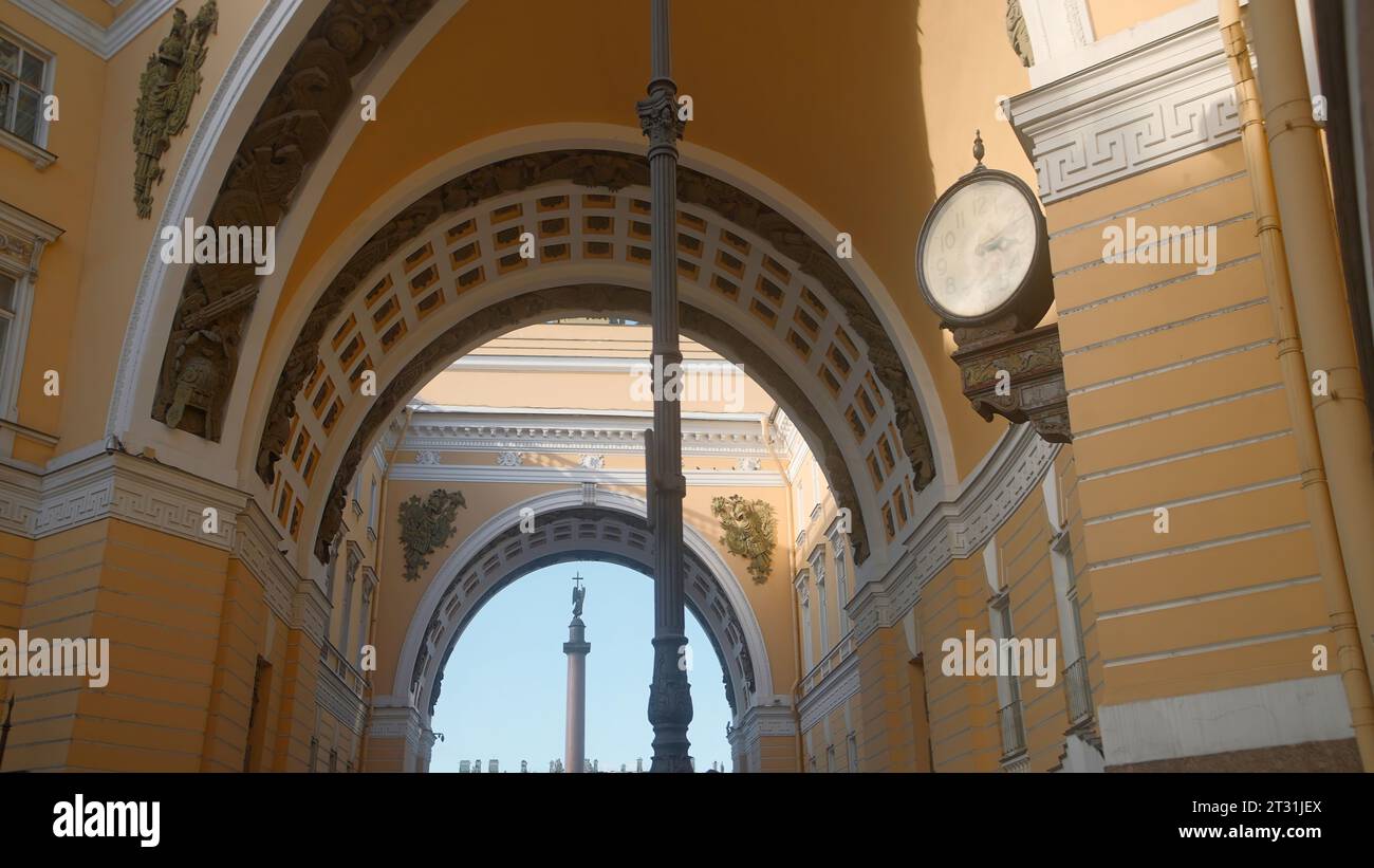 Beautiful old arch with view of monument. Action. Beautiful corridor of ...