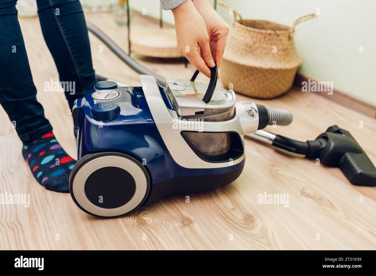 Woman takes dust filter out of vacuum cleaner at home. Container full ...