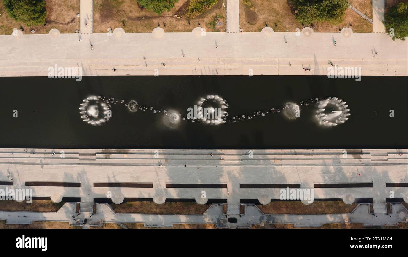 City canal with embankment and fountains. Stock footage. Beautiful view ...