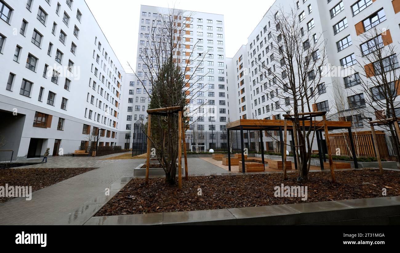 A closed courtyard with tall houses. Stock footage. Large high-rise ...
