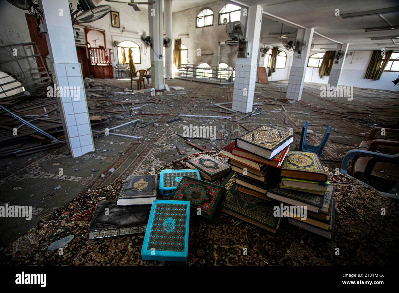 Jenin, Palestine. 22nd Oct, 2023. View of Qur'ans in the damaged mosque ...