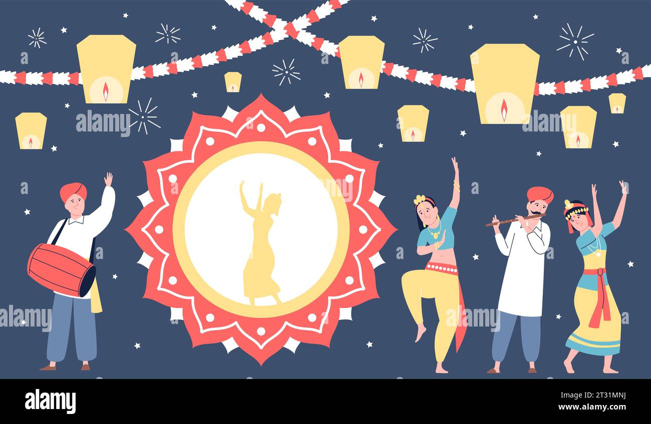 Garba night banner. Happy navratri, indian musicians and dancers. Girls ...