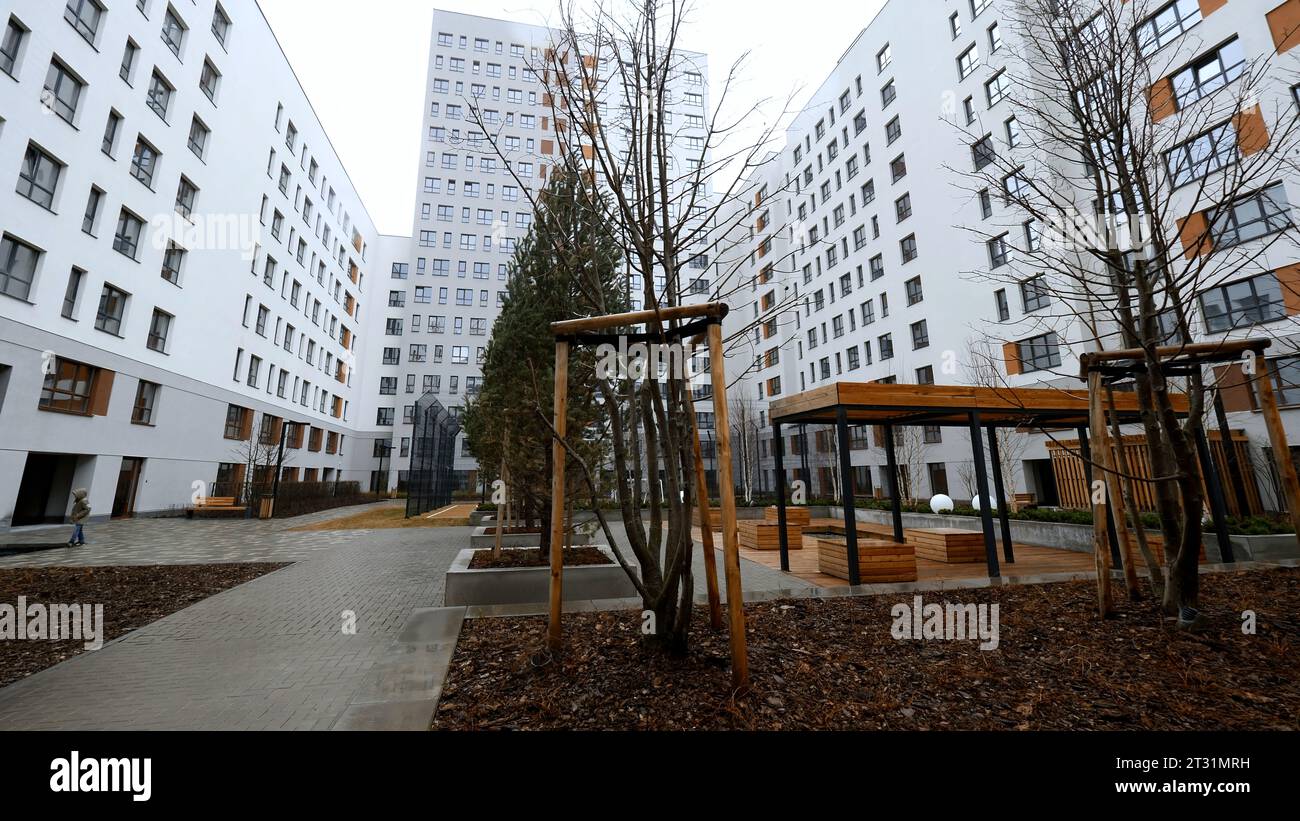 A closed courtyard with tall houses. Stock footage. Large high-rise ...