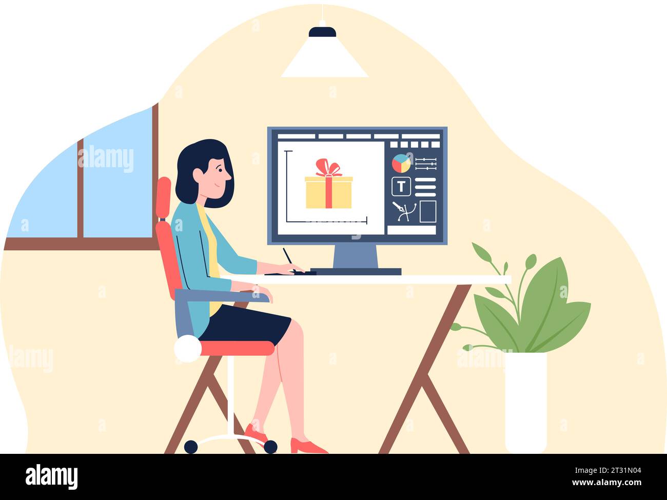 Digital designer working from home. Female illustrator work, new ...