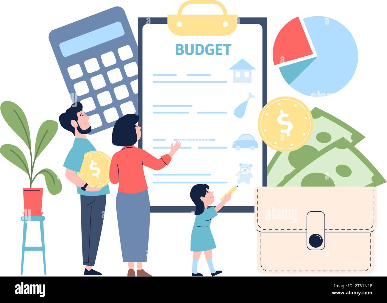 Family budget planning. Child and parents outline expenses. Household ...