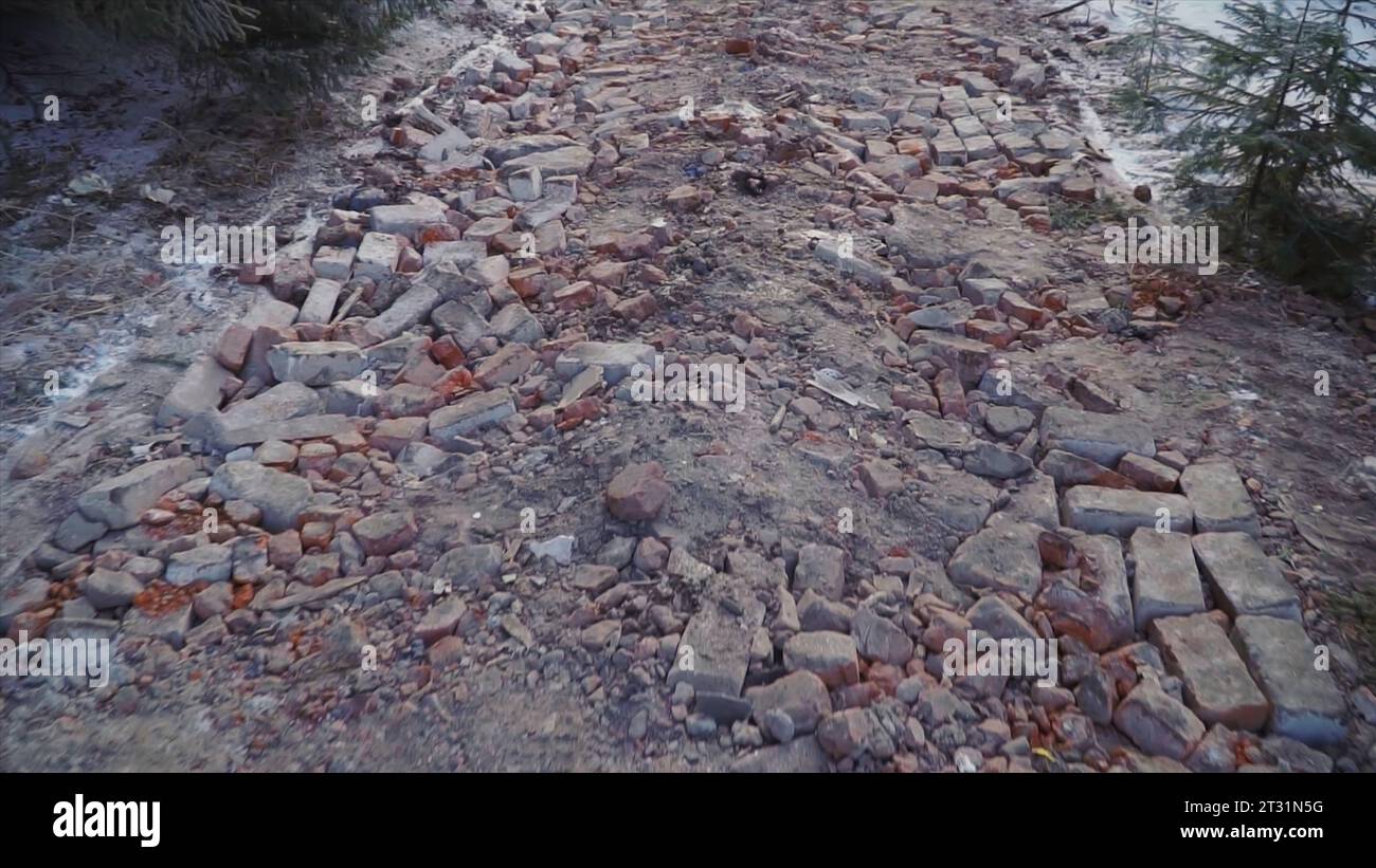 Top view of destroyed area with bricks. Clip. Site after destroyed ...