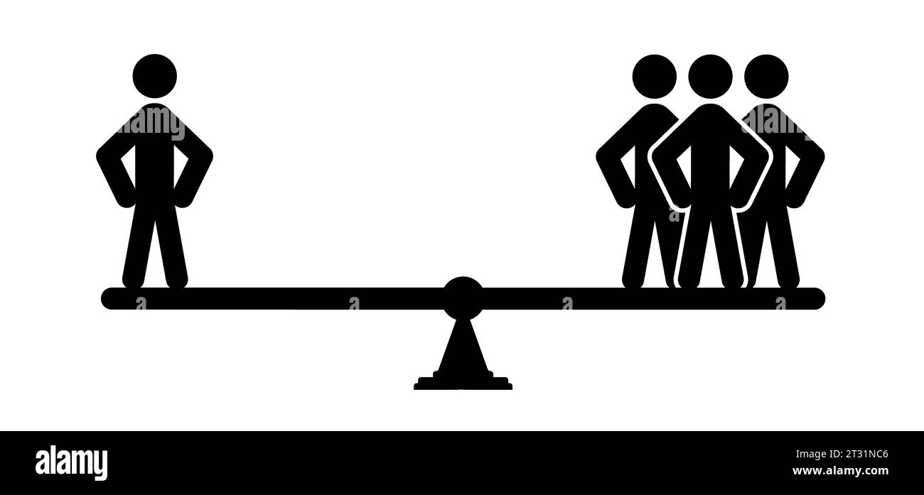 Cartoon people balance on seesaw. Team Balance, three stickman perfect ...