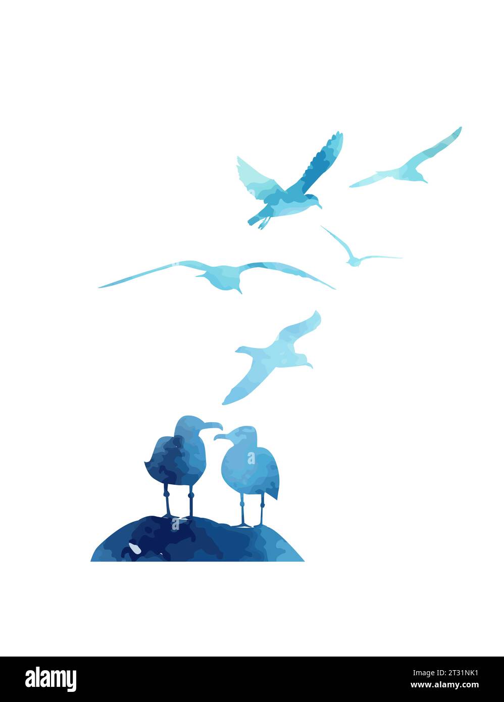 Watercolor blue seagulls on the sea. hand drawing. Not AI, Illustrat3 ...