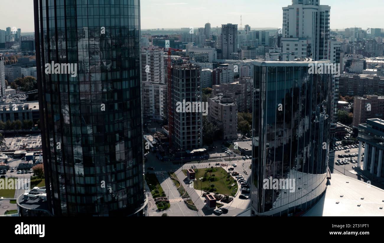 Glass skyscrapers taken from a bird's-eye view. Stock footage. A bright ...