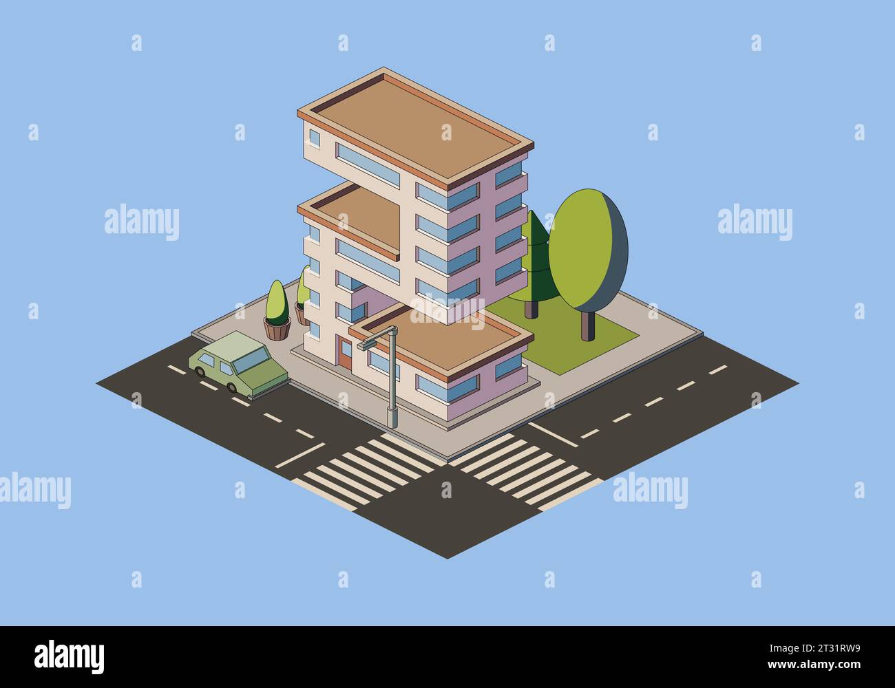 Isometric building with road and trees, vector illustration Stock ...