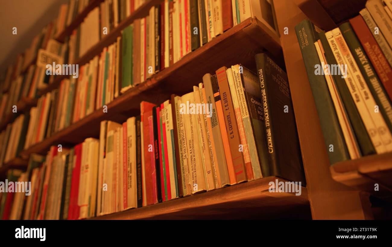 Library with flashing light. Stock footage. Bookshelves in library with ...