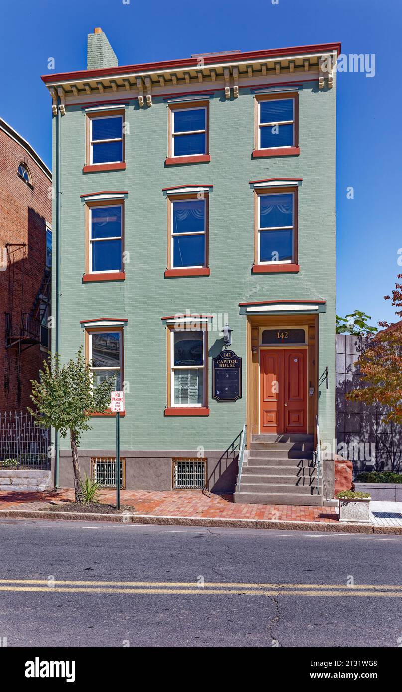 Downtown Trenton: A Greek Revival row house of painted brick, with ...
