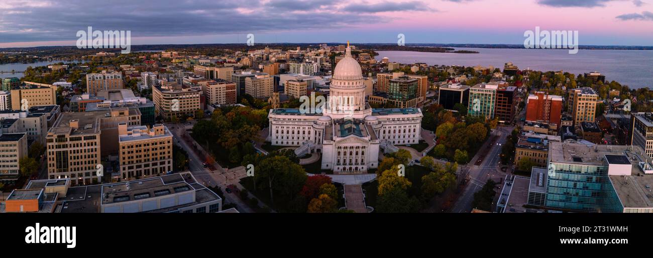 Aerial photograph of Madison, Wisconsin on a beautiful autumn sunrise ...