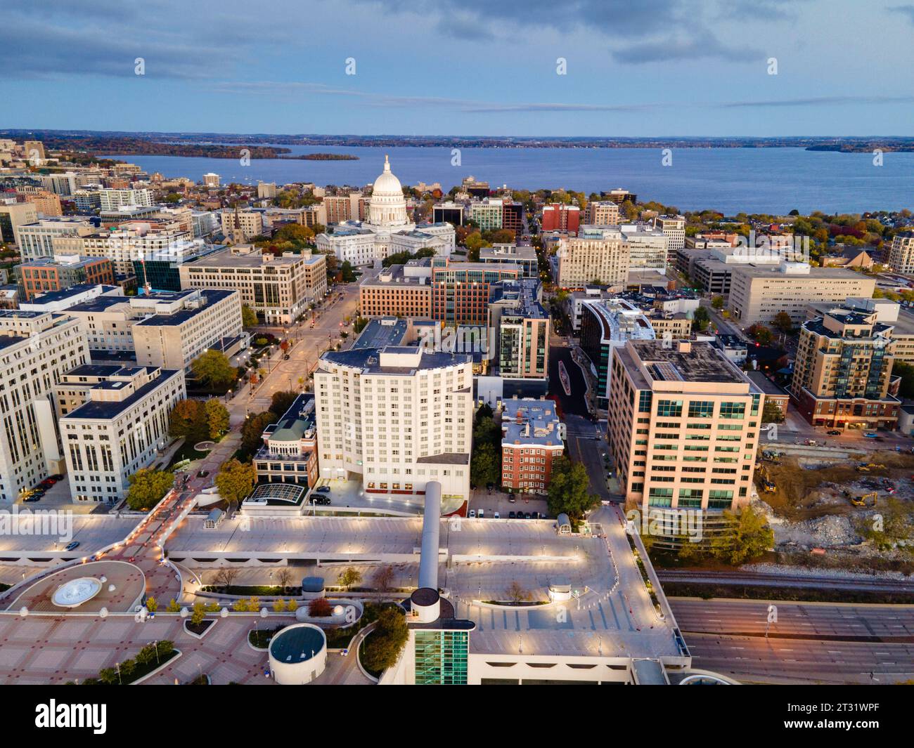 Aerial photograph of Madison, Wisconsin on a beautiful autumn sunrise ...