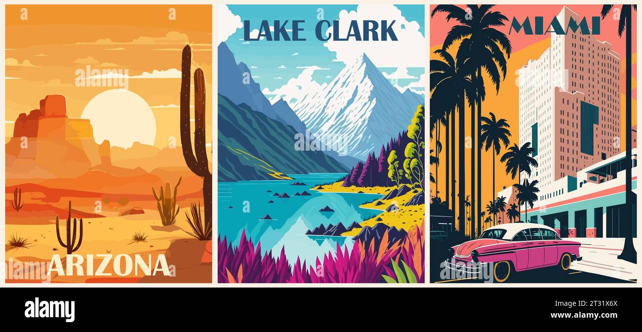 Set of USA Travel Posters in retro style vector Stock Vector Image ...