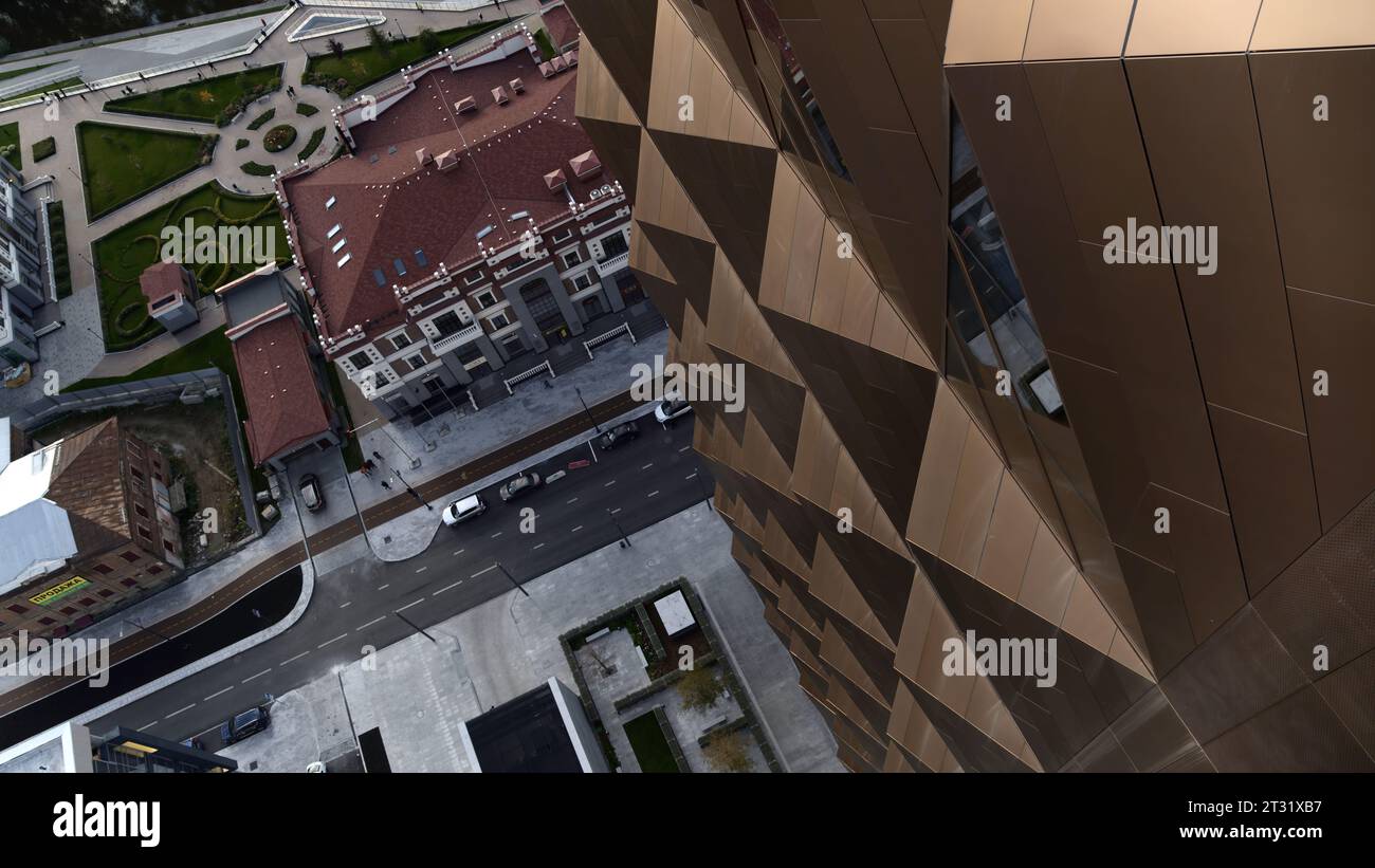 Aerial top down view of bronze skyscraper or office building. Stock ...