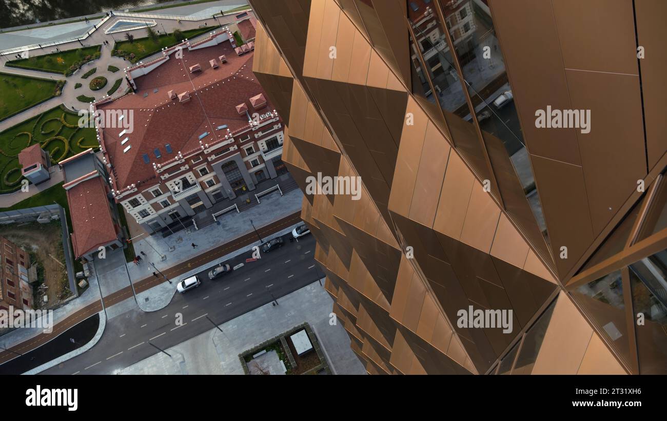 Aerial top down view of bronze skyscraper or office building. Stock ...