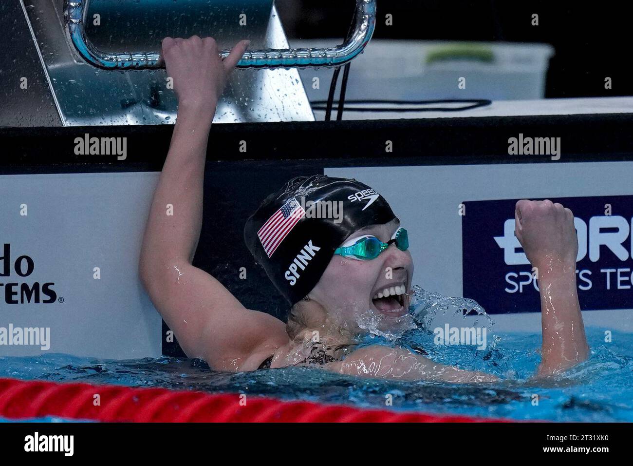 Camille Spink of the United States celebrates winning the bronze medal ...