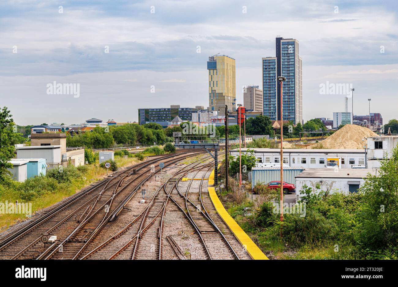 Railway tracks and rails converging on Woking railway station with ugly ...