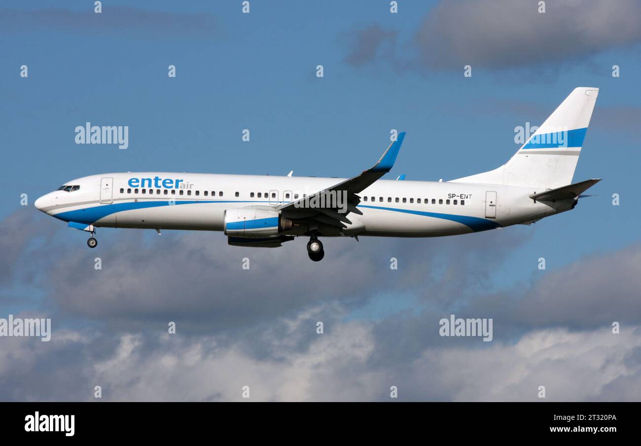 A Boeing 737-800 of Enter Air approaching London Gatwick Airport Stock ...