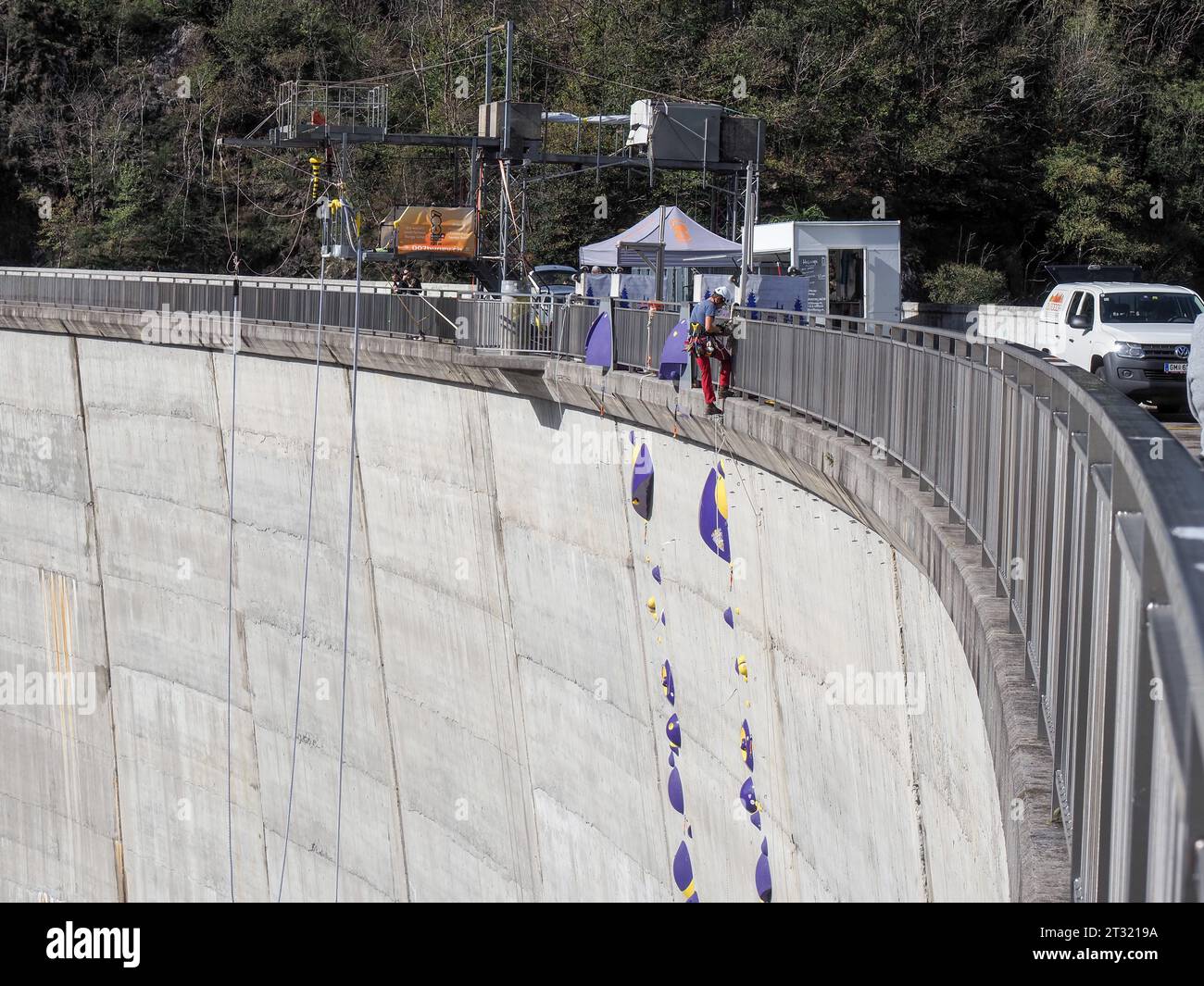 Contra Dam, Switzerland - October 22, 2023: Freclimbing at the dam for ...