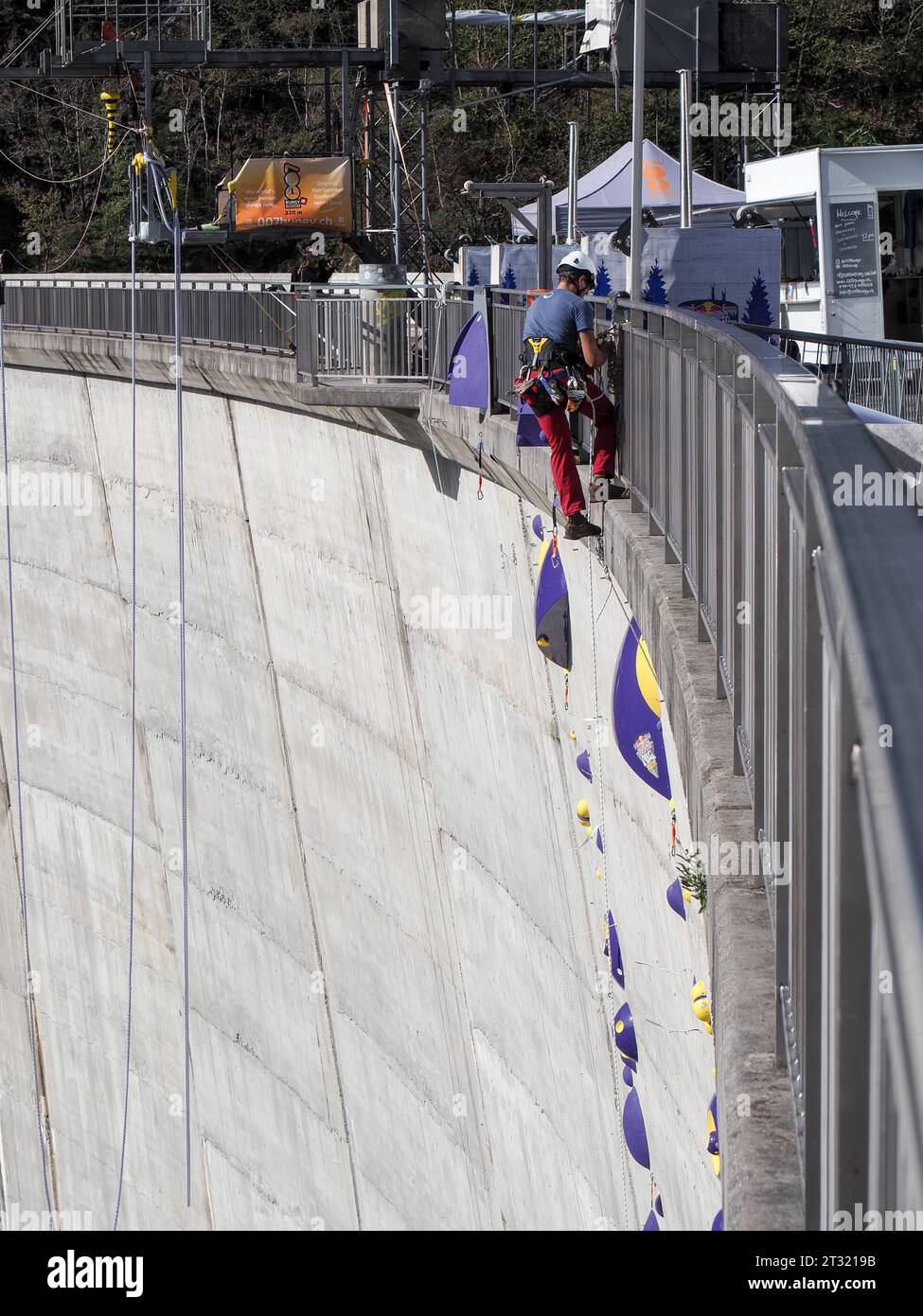Contra Dam, Switzerland - October 22, 2023: Freclimbing at the dam for ...