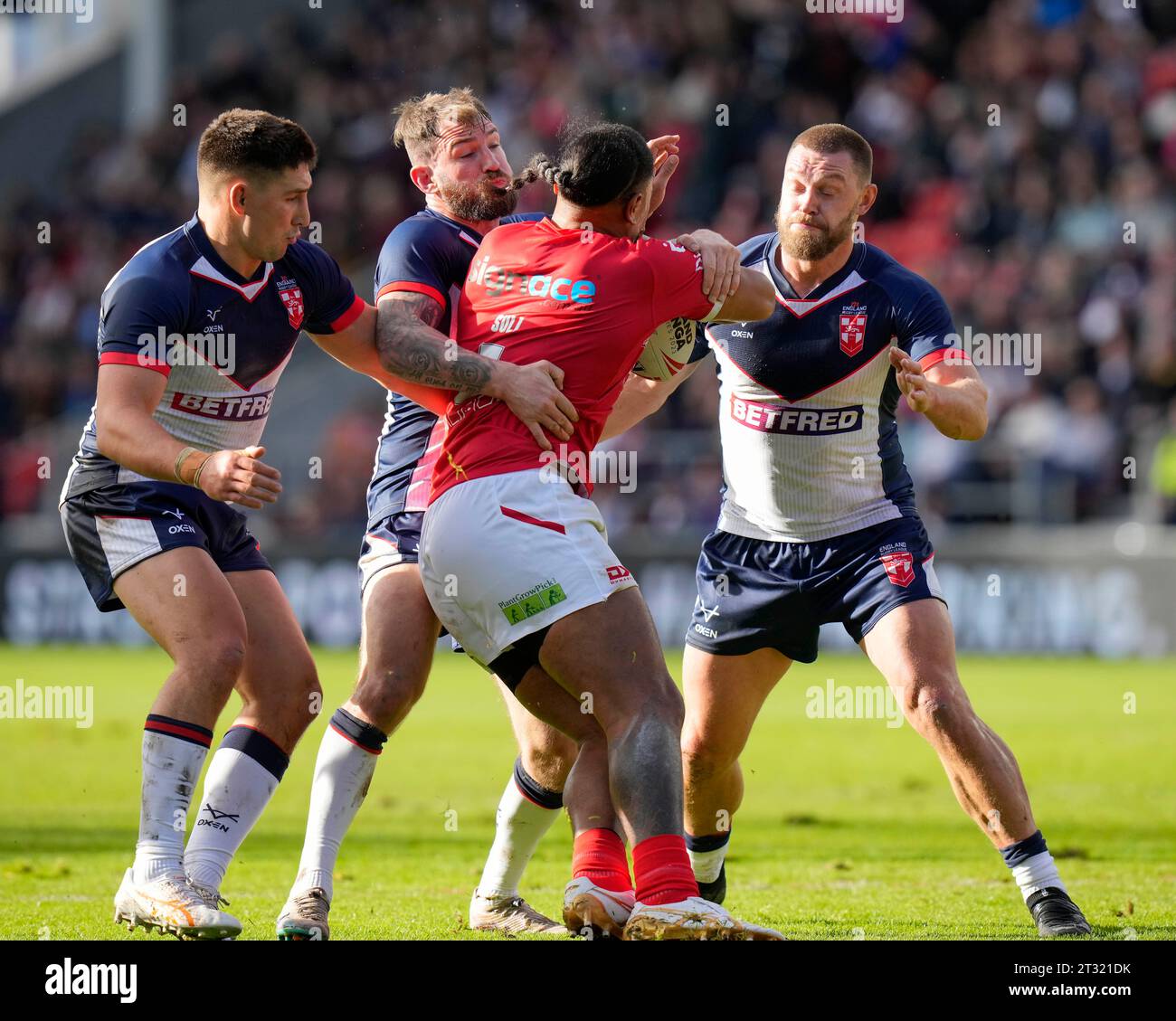 St Helens, UK. 22nd Oct, 2023. Daryl Clark #9 of England and Elliott ...