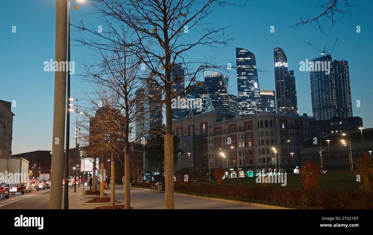 A beautiful city built up with offices. Action. An evening city with ...