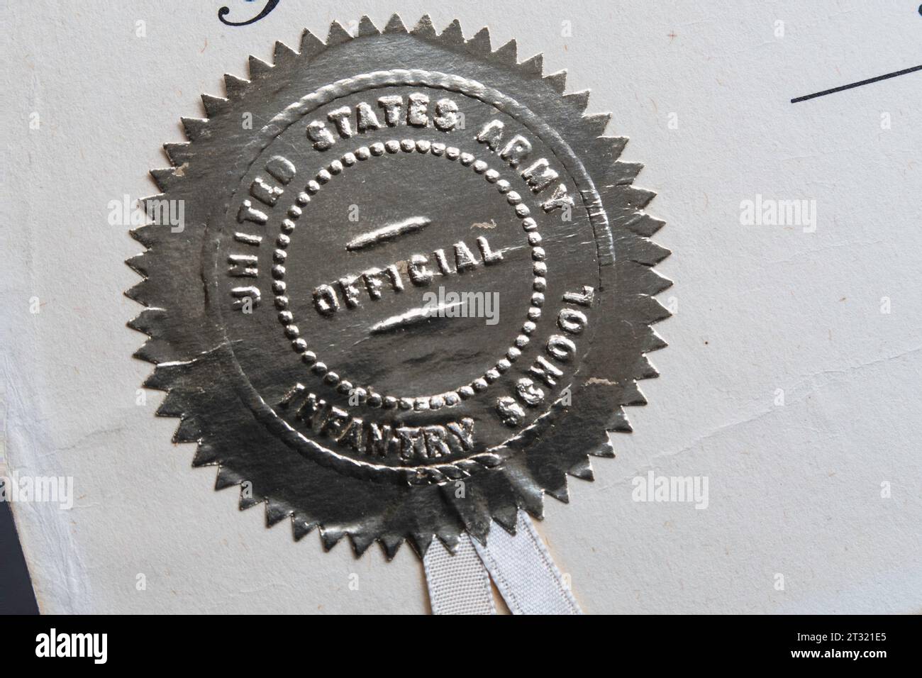 Close up up a diploma from the U.S. Army infantry school, Fort Benning ...