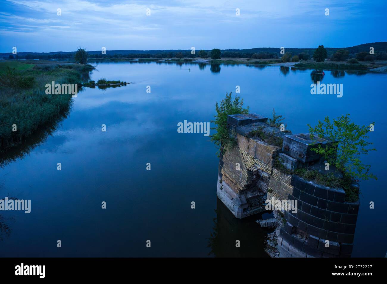 Evening natural landscape on the Oder River. Border of Germany and ...