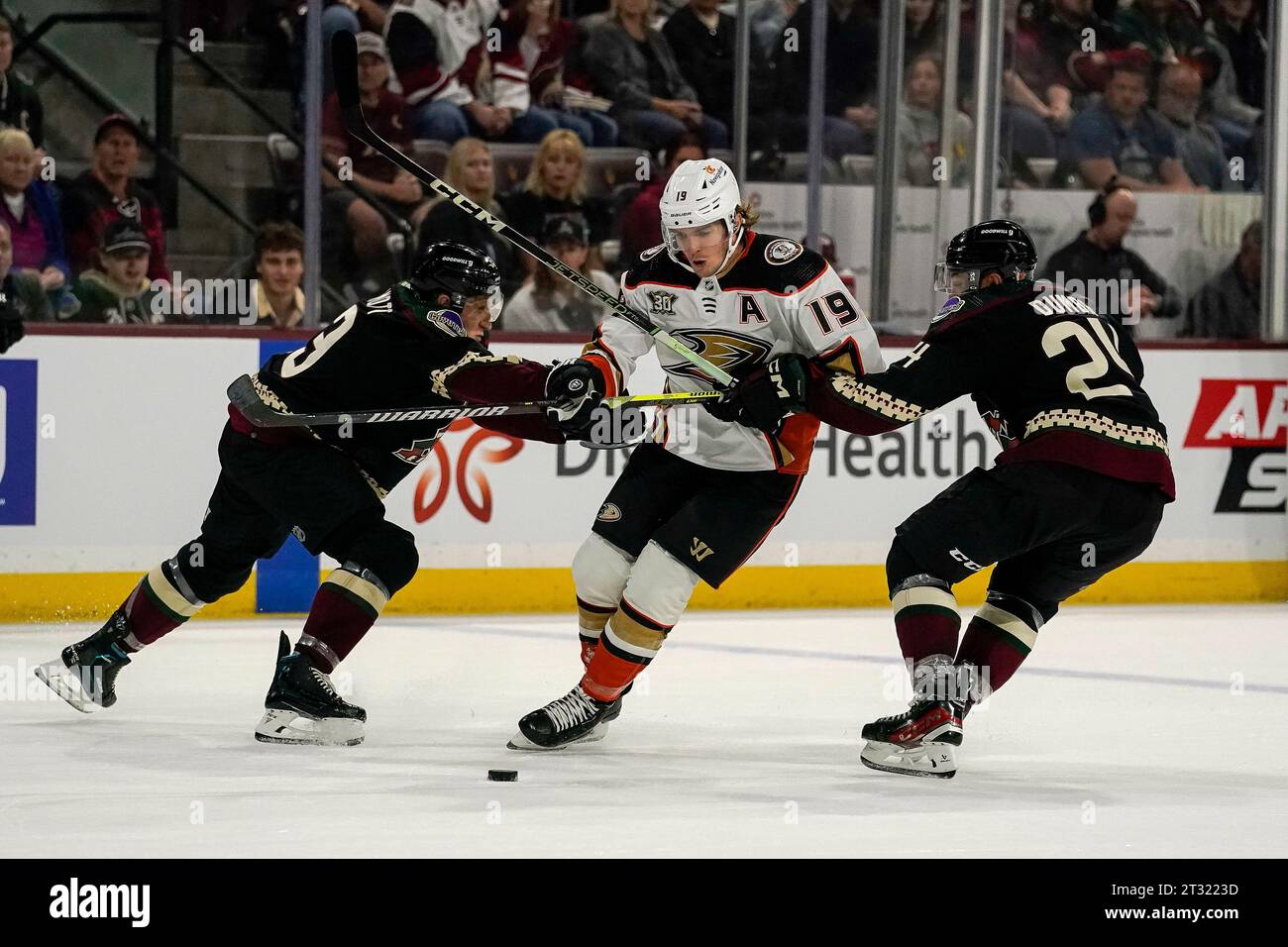 Anaheim Ducks' Troy Terry (19) between Arizona Coyotes Travis Dermott ...