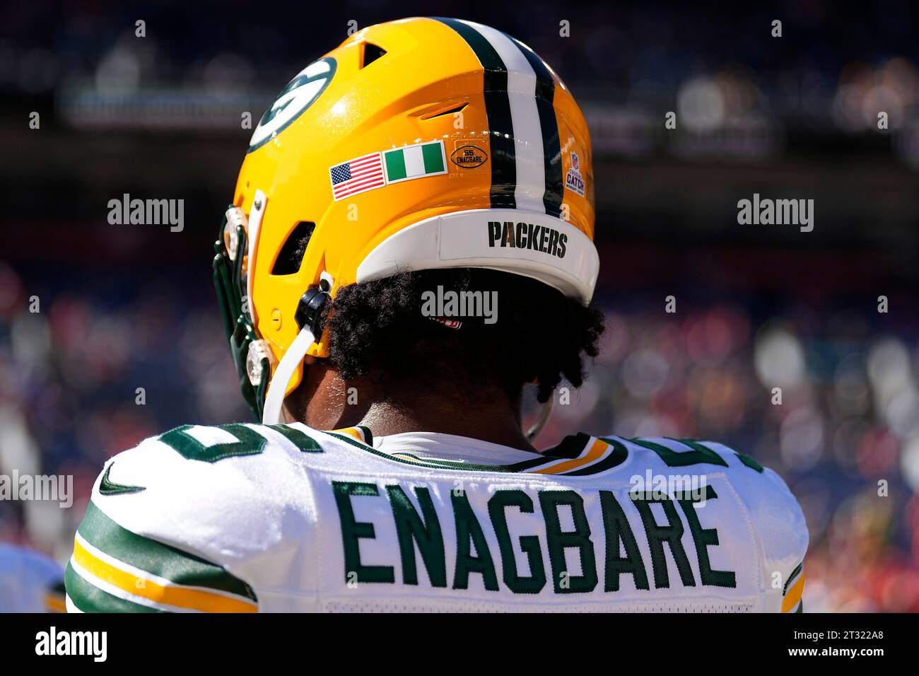 An international flag decal is shown on the helmet of Green Bay Packers linebacker Kingsley ...