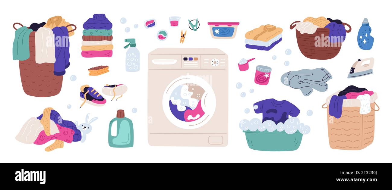 Laundry clothes. Dirty and clean clothing piles. Washing machine ...