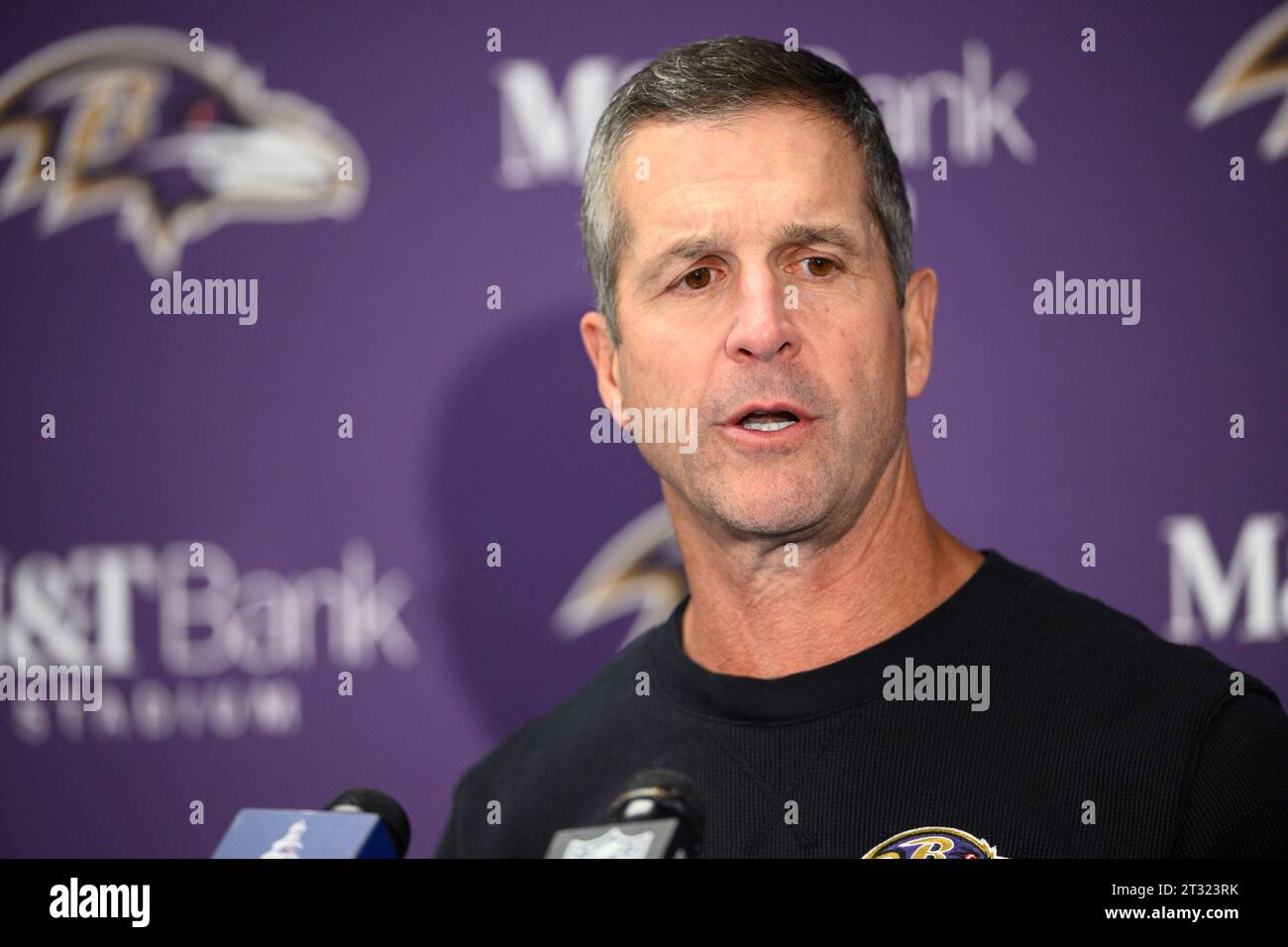 Baltimore Ravens head coach John Harbaugh addresses the media after an ...