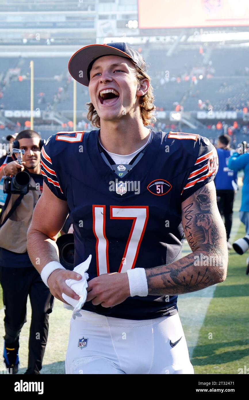 Chicago Bears quarterback Tyson Bagent celebrates as he leaves the ...