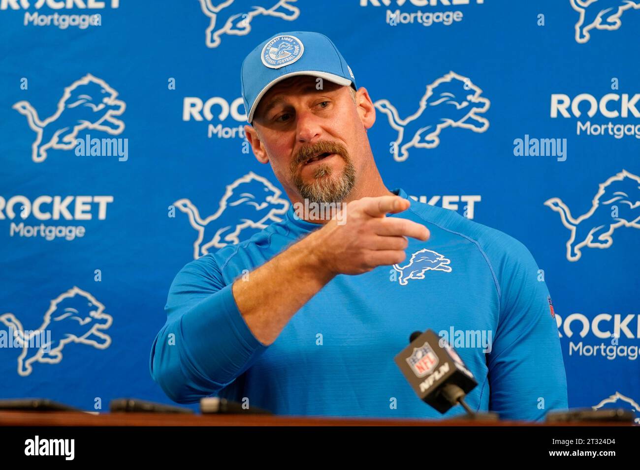 Detroit Lions head coach Dan Campbell addresses the media after an NFL ...