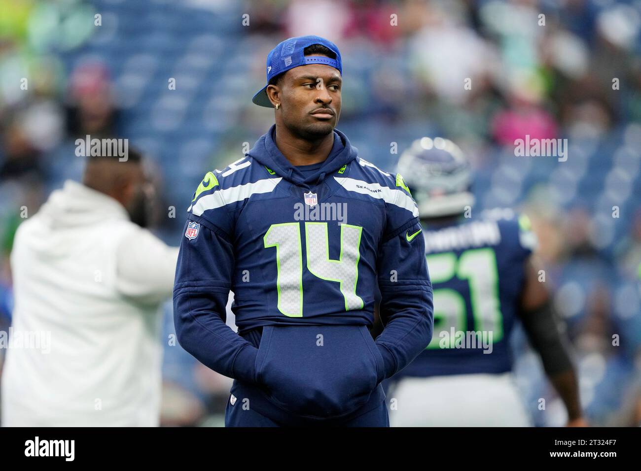 Seattle Seahawks wide receiver DK Metcalf pauses on the field as he ...
