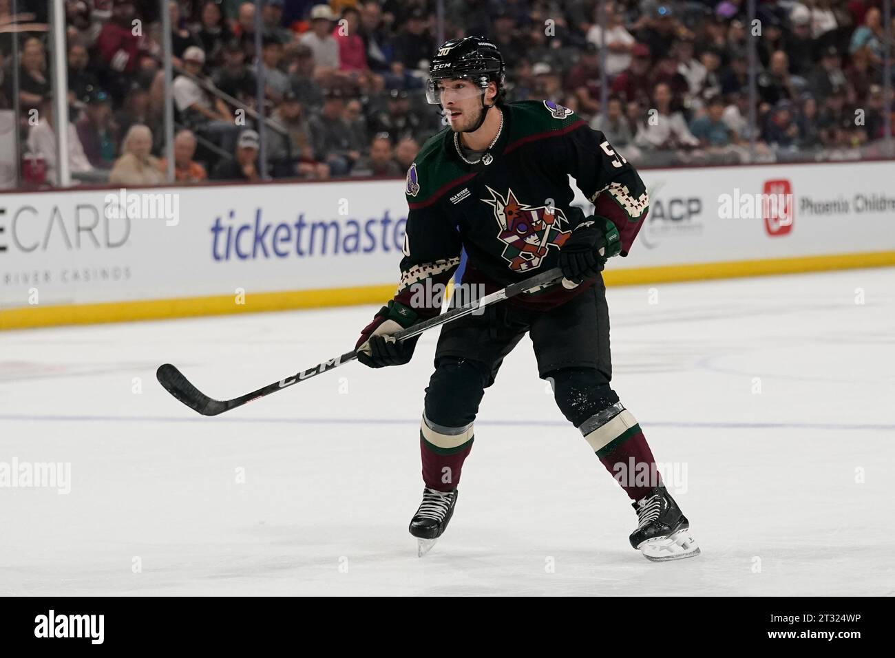 Arizona Coyotes' Sean Durzi (50) during an NHL hockey game against the ...