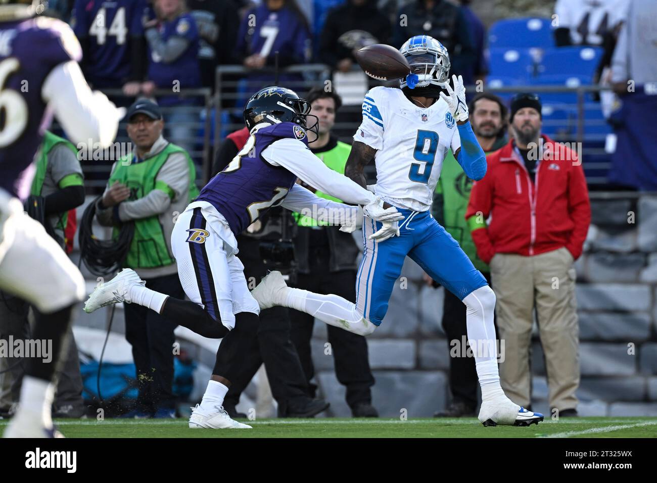Detroit Lions wide receiver Jameson Williams (9) has the ball knocked ...