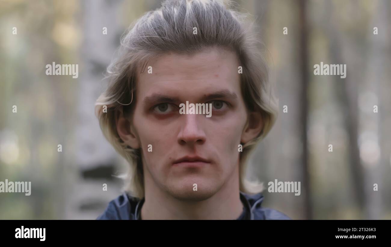 Young man with look of maniac. Stock. Young maniac looks at camera in ...