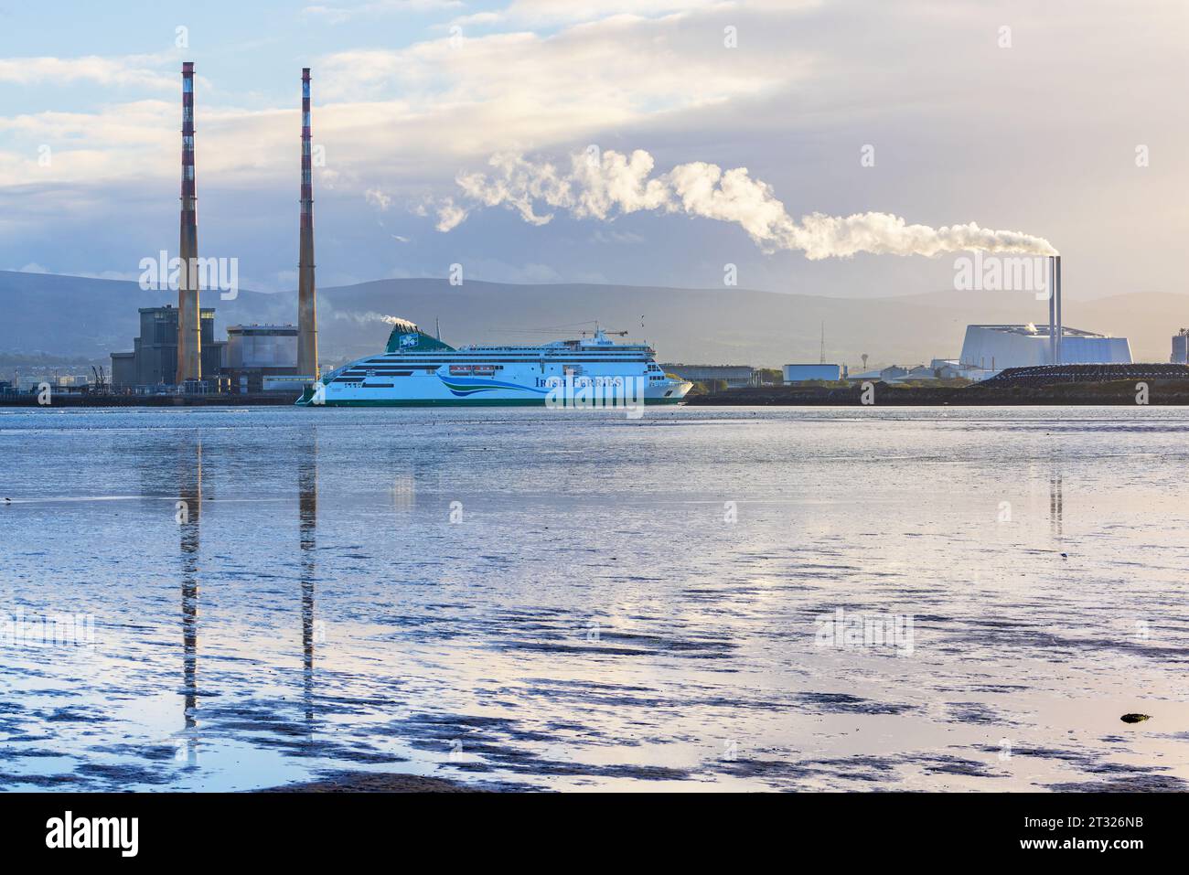 "Irish Ferries" ferry boat sails past Poolbeg Chimneys into Dublin Port ...