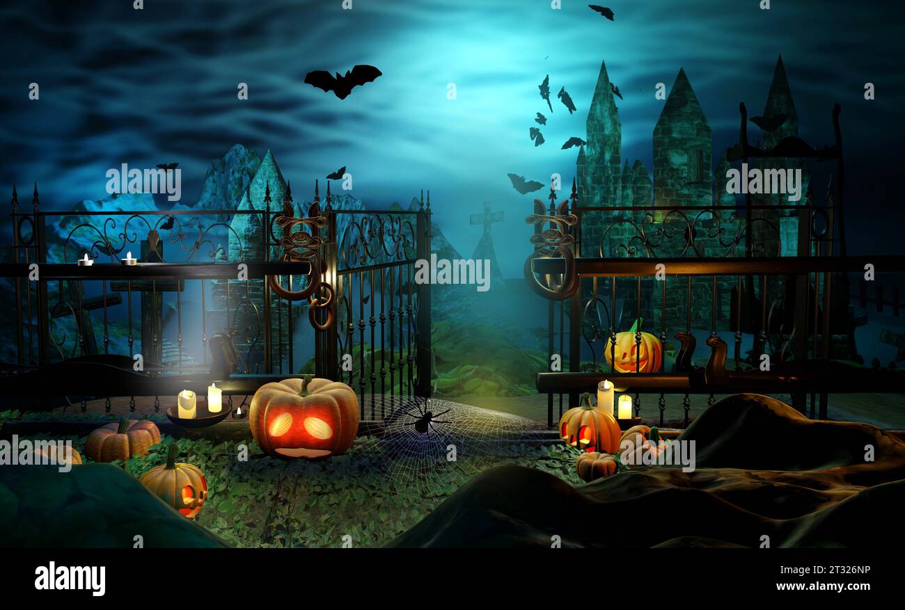 Halloween background with gate to enchanted castle, pumpkins and flying ...