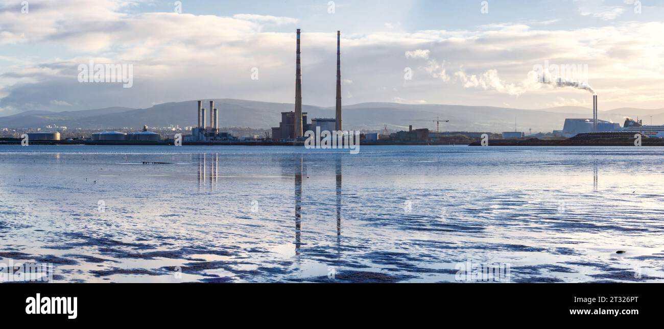 View of landmark Poolbeg Stacks "Chimneys", power station, port and ...