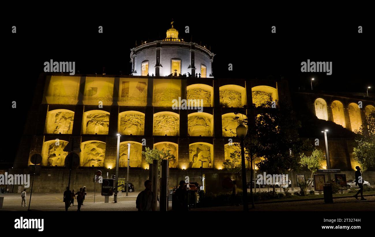Night city view with amazing architecture. Action. Building with yellow ...