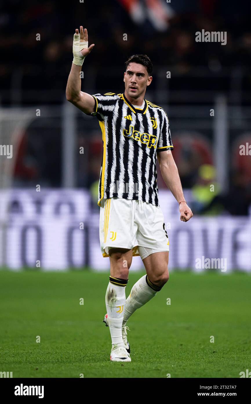 Milan, Italy. 22 October 2023. Dusan Vlahovic of Juventus FC gestures ...