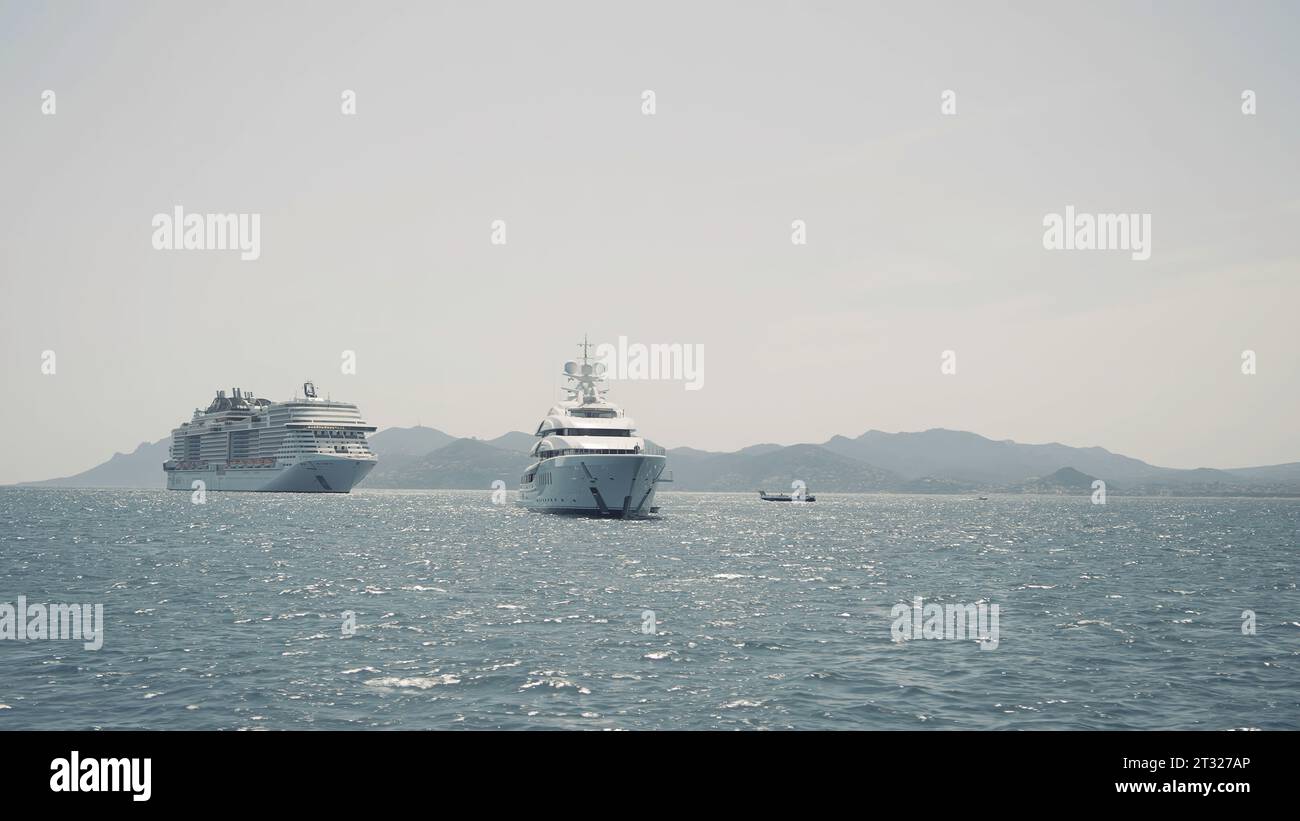 Luxury yacht cruising out at sea. Action. Aerial view of luxury yacht ...