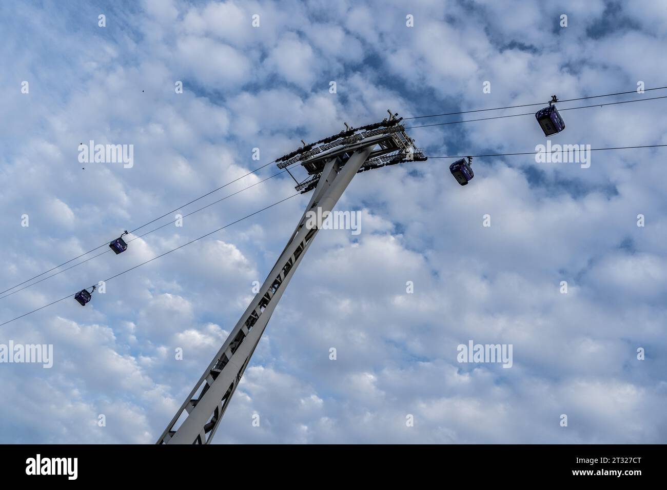 Cable car above the Uber river boat passenger terminal at the Greenwich ...