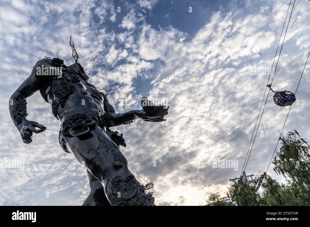 Demian Hirst huge Demon with Bowl statue and cable cars at Greenwich ...